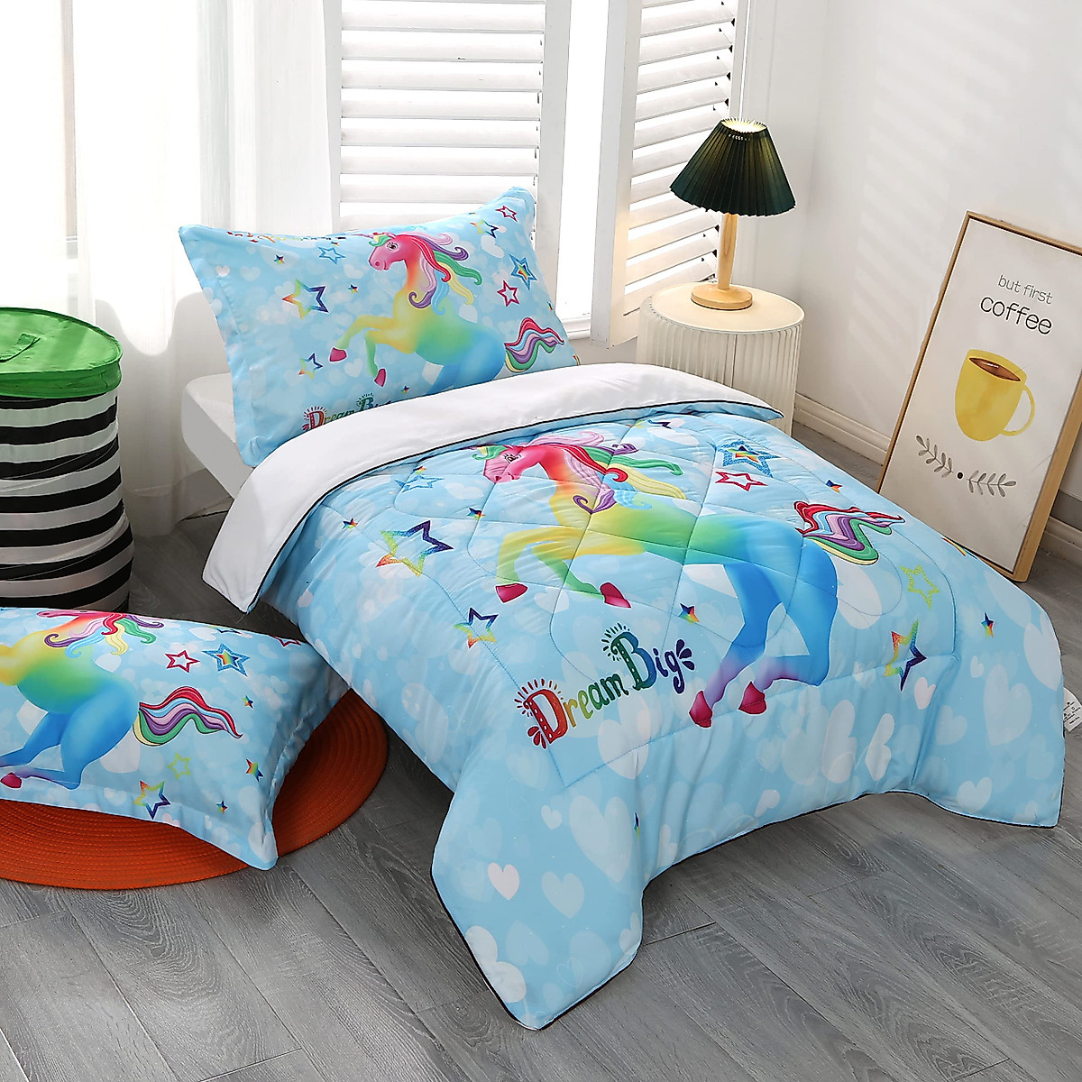 VIVILINEN Blue Unicorn Toddler Comforter Set for Girls 3 Piece Rainbow Unicorn Kid Toddler Bedding Set for Kids Bed-in-a-Bag Bedspreads Quilt Set with Comforter, 2 Pillowcases