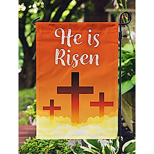 PAMBO He is Risen Religious Easter Garden Flags Burlap Vertical Double Sided, Cross Yard Outside Decoration 12x18 Inch