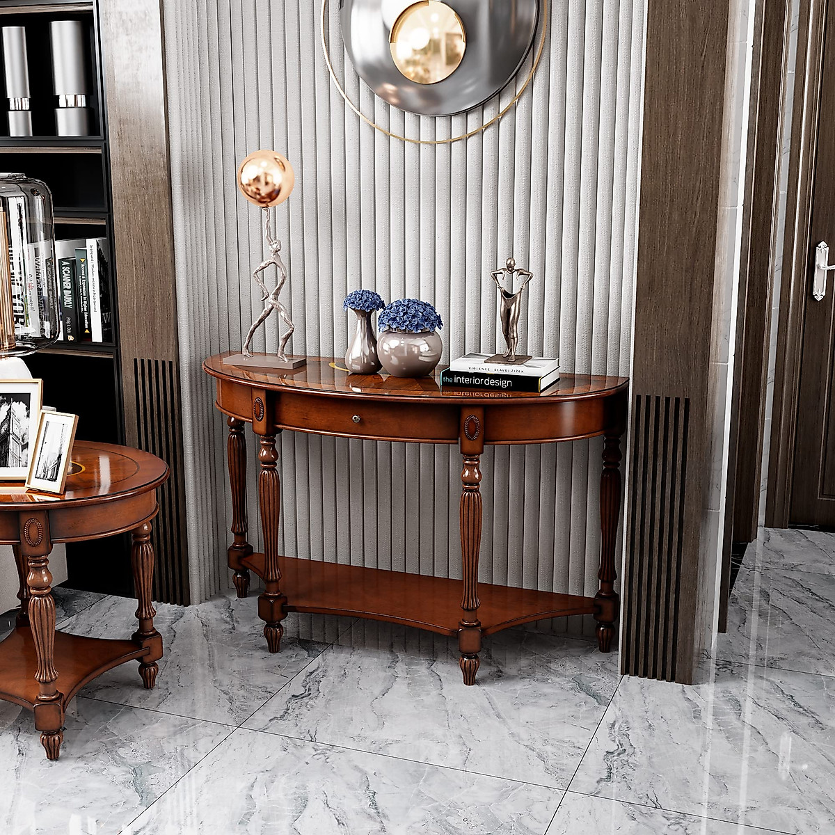 Solid Wood Semi-Circle Sofa Table with Drawer, 45.3" Traditional Living Room Console Table with Open Bottom Shelf 2-Tier Vintage Elliptical Entry Table for Home Office,Cherry Walnut SFZ1533