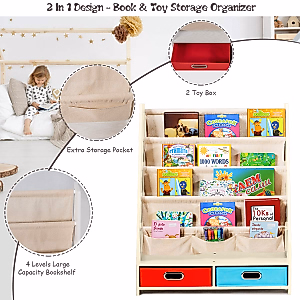 HONEY JOY Kids Book Rack with 2 Storage Bins, Wooden Toddler Bookshelf with 4 Sling Shelves, Book Display Stand Toy Storage Organizer for Kids Bedroom & Playroom (Beige)