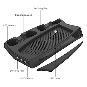 PS5 Controller Charger Vertical Charging Stand for Playstation 5, Dual Cooling Fan Charging Station Dock with 3 USB Ports for Dual Controllers ( Indicator Included)