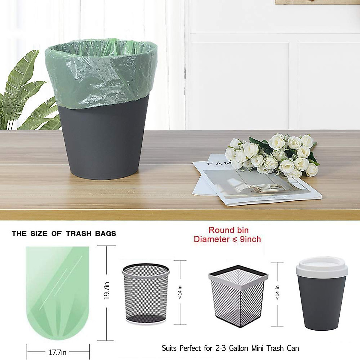 Small Garbage Bags 2.6 Gallon Biodegradable Trash Bags for Bathroom Office, Recycling Eco-Friendly Trash Can Liner with Strong Tear & Leak Resistant, Green, 80 Cts