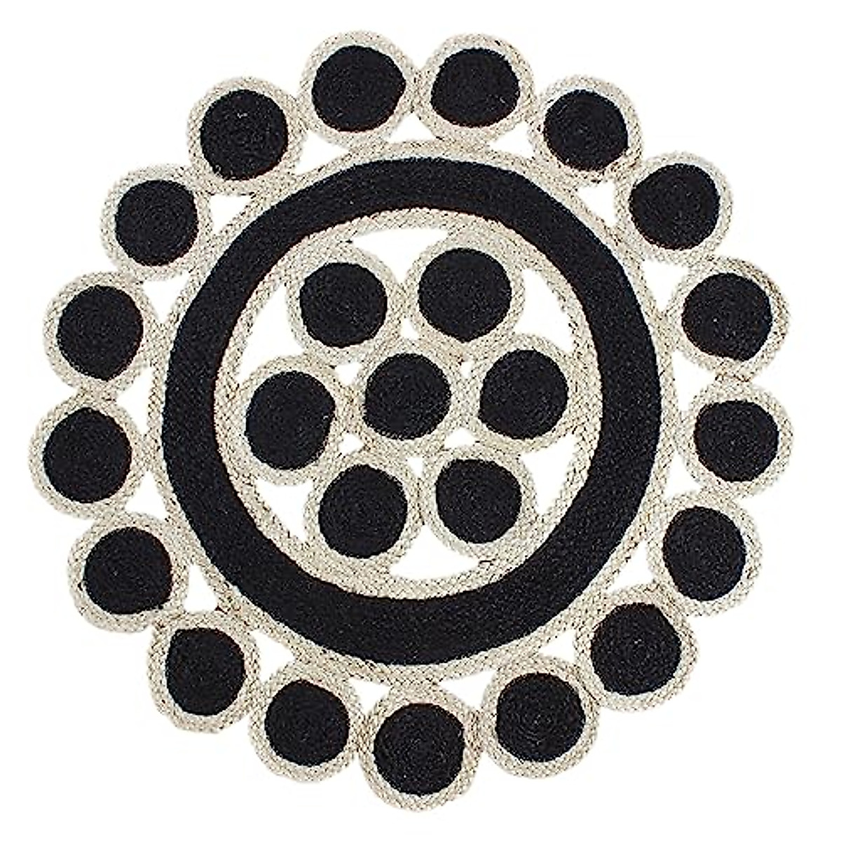 CASAVANI Cape Code Circle Area Rug - 6 x 6 Feet Beige Black Pattern Natural Jute Mat Ideal for High Traffic Area in Bedroom Bedside Round Dining Side Round Living Room Hallway and Kitchen Mat