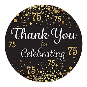 Black and Gold 75th Birthday Thank You Stickers - 1.75 in - 40 Labels