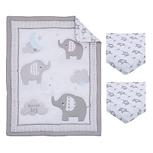 NoJo Little Love Elephant Stroll Dream Big Clouds and Stars with Chevron Border 3 Piece Nursery Mini Crib Bedding Set - Comforter, and Two Fitted Mini Crib Sheets