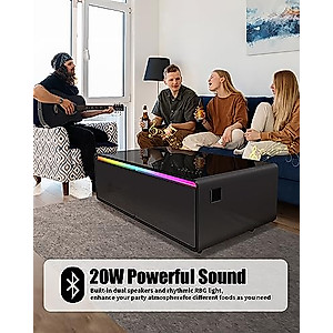 LIVTAB Smart Coffee Table, 27.8" D x 51" W x 18.1" H, Living Room Table with Built in Fridge and Speakers, Smart Table with 15W Wireless Charging, USB Chargers and 110V Outlets (Black)