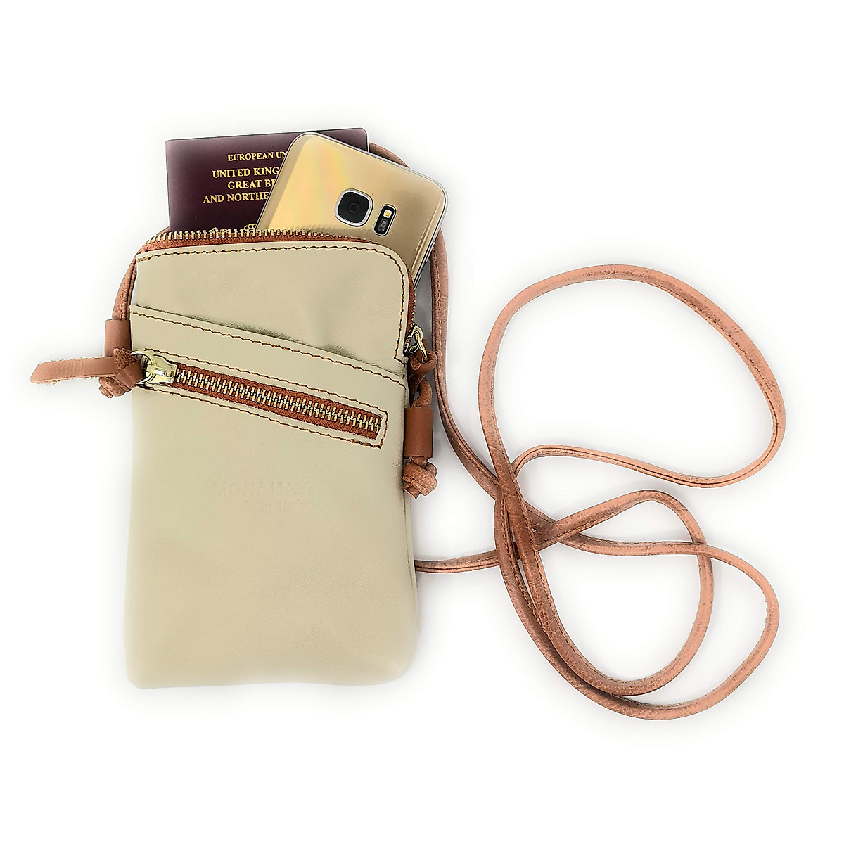 Monahay Small Italian Leather Cross Body Cell Phone and Passport Travel Pouch Bag MH9723 … (Metallic Gold)