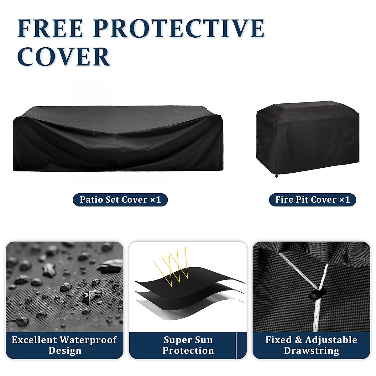 VONZOY 8 Pieces Outdoor Patio Furniture Set with 44" Fire Pit Table Rattan Sectional Conversation Sets w/Gas Fire Pit, Coffee Table, 2 Waterproof Covers, Dark Grey