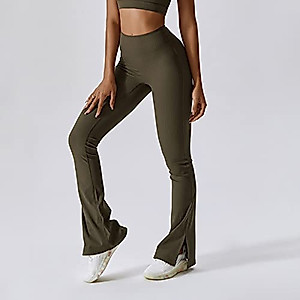 ABOCIW Women Ribbed Seamless Slit Hem Flared Leggings High Waist Bootcut Yoga Pants Tummy Control Workout Bootleg Pants Dark Green Medium