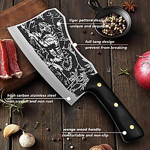 Ogival Meat Cleaver, Meat Chopper with Tiger Pattern, Bone Chopper High Carbon Stainless Steel Butcher Knife with Full Tang Handle, for Kitchen and Restaurant