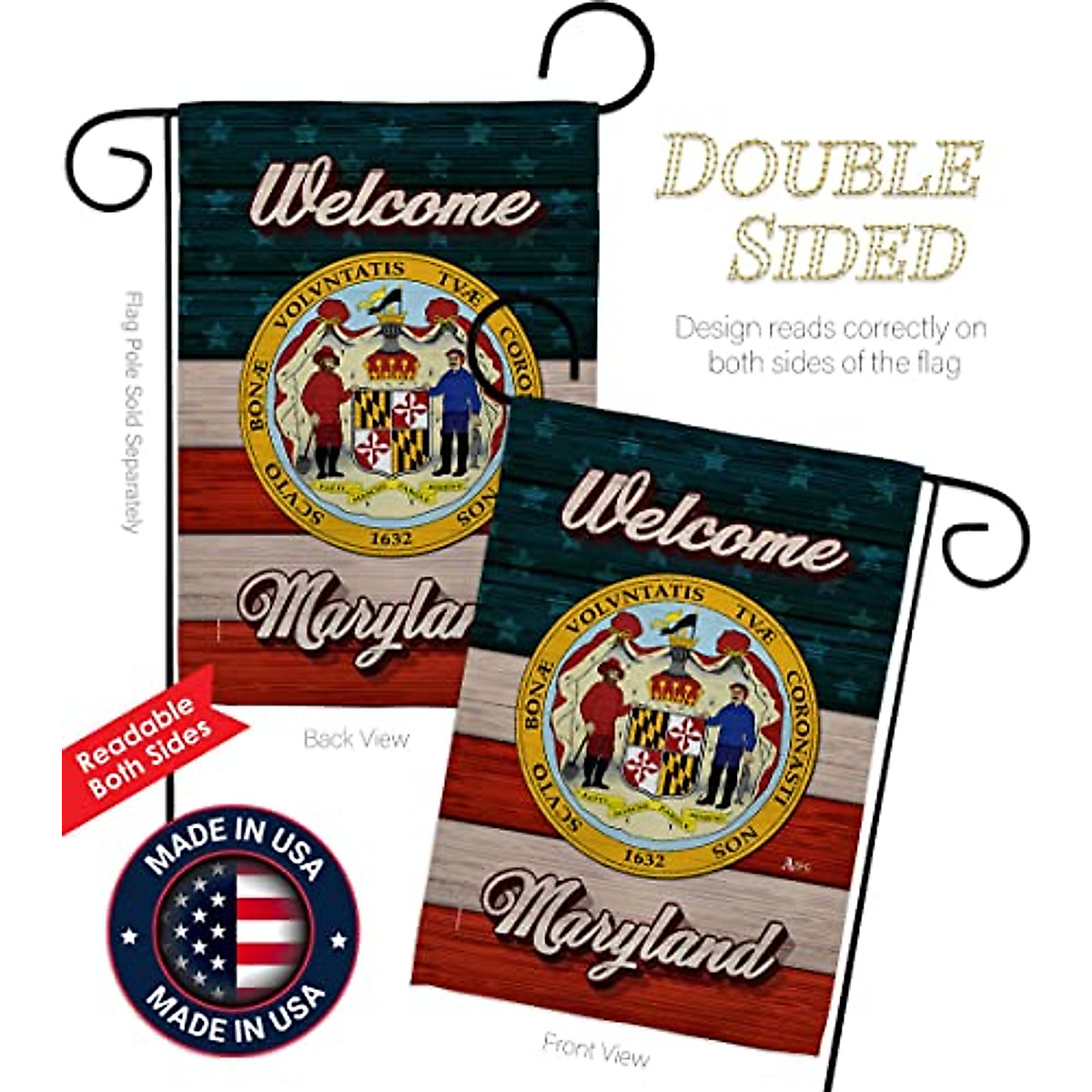 Welcome Maryland Garden Flag - Set Wood Dowel Americana States USA American Territories Republic Country Particular Area - House Decoration Banner Small Yard Gift Double-Sided Made in 13 X 18.5