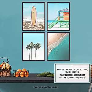 Ocean Art Print Set - Tropical Palm Trees and Surfing Wall Art Posters - Unique Home Decor for Lake or Beach House, Bathroom - Gift for Surfers - 8x10 Photo Unframed
