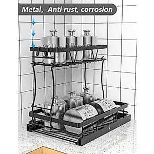 Iperlife 2 Tier Under Sink Organizers and Storage for Kitchen Pull Out Cabinet Basket Organizer with 4 Hooks, Multi-Purpose Metal Storage Shelf Rack for Bathroom Living Room Bedroom