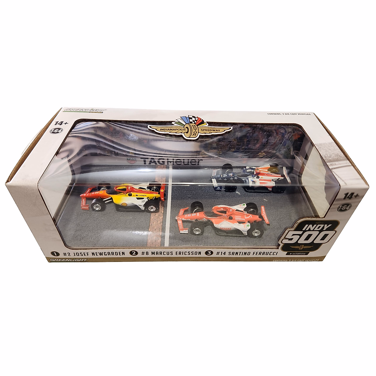 Greenlight 11581 2023 Indianapolis 500 Podium 3-Car Set #2 Josef Newgarden, 8 Marcus Ericsson, 14 Santino Ferrucci 1:64 Scale Indy 500 in Diorama Display Box