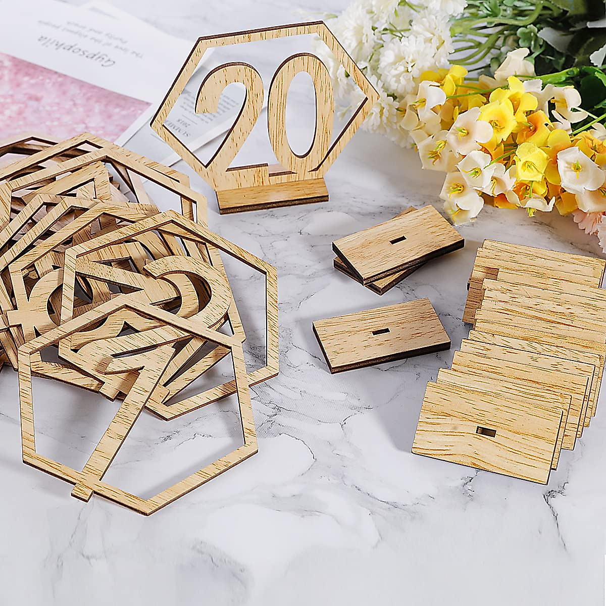 BravOne Wooden Table Numbers, Hexagon Shape 1-20 Wedding Table Numbers with Holder Base Rustic Hollow Out Wood Table Numbers Card for Wedding Party Event Catering Decoration (Hexagon)