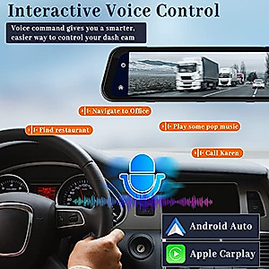 9.66" Mirror Dash Cam Front and Rear with Wireless CarPlay Android Auto Rear View Mirror Camera for Cars & Trucks, Enhanced Night Vision, IPS Touch Screen, Voice Control, Dual Cameras+32G Card, 7V-36V