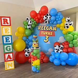 Toy Inspired Story Balloon Garland Kit Cow Pattern Printed Blue Yellow Red Green Latex Balloons for Kids Birthday Party, Kids Toy Inspired Story Theme Birthday Party Supplies Decorations