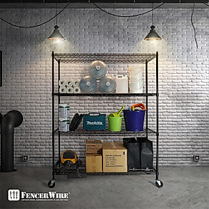 Fencer Wire 4-Tier Commercial Grade Heavy Duty Adjustable Height Wire Shelving w/Casters & Leveling Feet, Garage Shelving Storage Organizer, Storage Metal Steel Shelf, Utility Storage Shelf, Black.