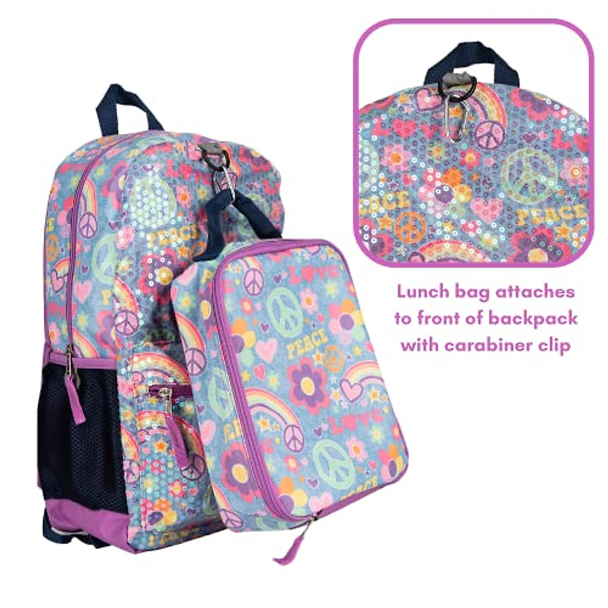 CLUB LIBBY LU Retro Denim Print Sequin Backpack with Lunch Box Set for Girls, 3 Piece Value Bundle, 16 Inch