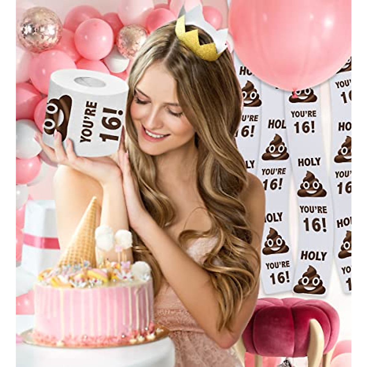 Printed TP Holy Poop You're 16 Printed Toilet Paper Gag Gift – Funny Toilet Paper For Prank, Surprise, Bathroom Decor, Novelty Gift For Men, Women, Friends, Family, 16th Birthday Party - 500 Sheets