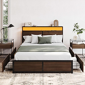 BELLEZE Full Size Bed Frame with Storage Headboard and 4 Drawers Under Bed, Sturdy Metal Platform Bed with Remote Control RGB LED Light and Ultra-Fast USB Type A/C Outlet, No Box Spring Needed-Brown