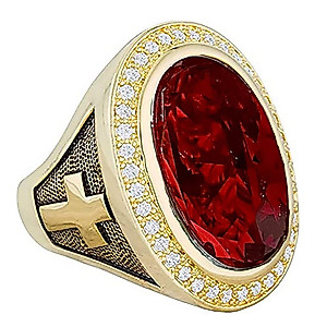 HKN1682 Designs Ruby Red Cubic Zirconia 14k Gold Plated Bishop Cross and Midre Ring Size 13