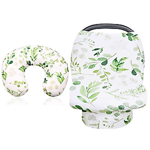 Car Seat Cover for Babies & Nursing Pillow Cover, Green Leaf Car seat Canopy for Boys Girls, Breastfeeding Pillow Slipcover, Soft Fabric Fits Snug On Infant