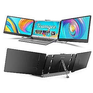 Teamgee Portable Monitor for Laptop, 14” FHD 1080P IPS Laptop Screen Extender with Build-in Stand/Dual Speakers, HDMI/USB-A/Type-C Plug and Play Display for 13”-17” Laptops (Mac, Wins, Android, Dex)
