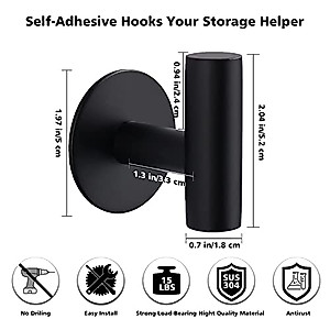 Adhesive Hooks Heavy Duty Wall Hooks Yandls Stainless Steel Waterproof Shower Hooks, Adhesive Holders Coat Hooks for Hanging, Wall Mounted Towel Hooks for Bathroom Kitchen - 2 Pack, Black,