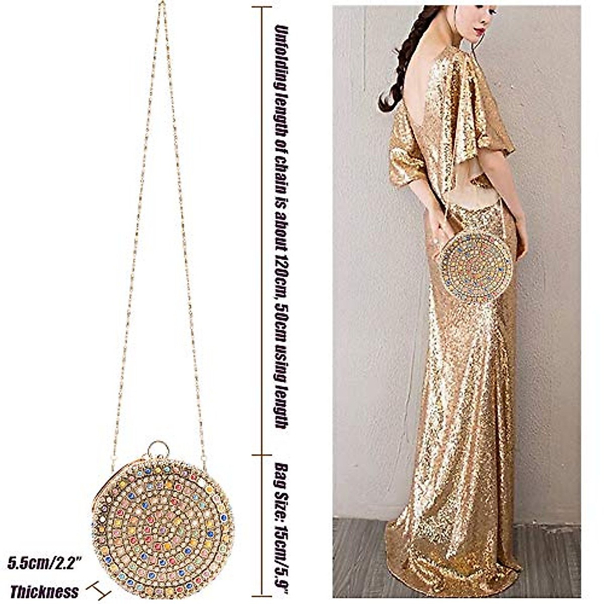WPKLTMZ Women Evening Bag Round Rhinestone Crystal Clutch Purse Ring Handle Handbag for Wedding Prom Party (Colorful)