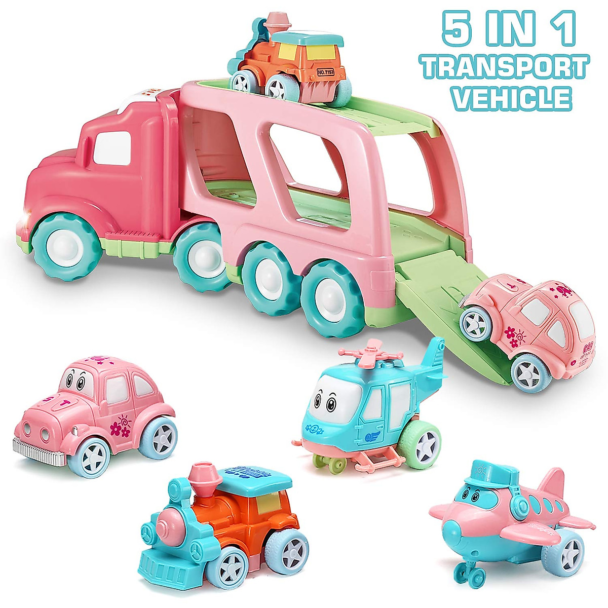 Carrier Car Toy Set(5 in 1) with Lights and Sounds, Pink Toy for Girl Toddler Kid, Friction Powered Double Layer Transport Truck with Cartoon Vehicles, Child Play Birthday Gift Christmas Party Favors