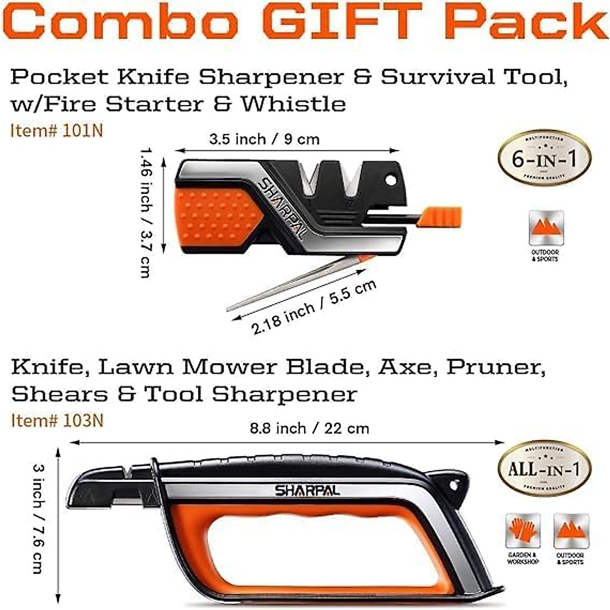 SHARPAL Pocket Knife Sharpener & Garden Tool Sharpener, Sharpening Straight and Serrated Knives, Lawn Mower Blade, Axe, Pruners, Shears, Scissors, Combo Gift Pack w/Greeting Card