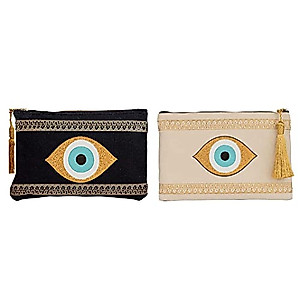 Evil Eye Canvas Small Clutch Handmade Pouch Bag Beach Meander Zipper Gift Bag with Tassel