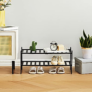 quiqear Bamboo Shoe Rack, 2 Tier Shoe Rack Organizer, Stackable & Durable Shoe Shelf Holder, Free Standing Shoe Racks, Shoe Storage Organizer for Entryway, Closet, Hallway (Black)