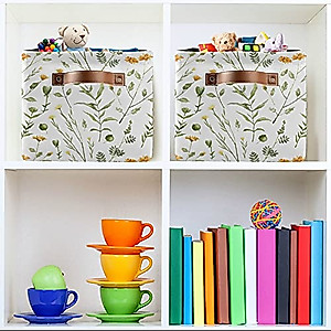 Large Foldable Storage Bin Green Leaves Branch Flowers Fabric Storage Baskets Collapsible Decorative Baskets Organizing Basket Bin with PU Handles for Shelves Home Closet Bedroom Living Room-2Pack