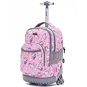 NEW TILAMI Unicorn Rolling Backpack for Kids, 18 Inches Adjustable Laptop Backpack with Wheels for Girls to School Travel Camping Boys Rolling Backpack