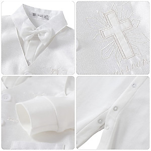 Booulfi Baby Boy Baptism Outfit Boys Christening Outfits Baby Boy Clothes 3-6 Months Newborn Boy Outfits Long Sleeves Baby Romper Hat BowTie 3 Pcs Baby Boy Clothing Set