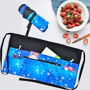 Fiodrimy Server Apron Waitress Apron with 6 Pockets, Half Waist Aprons Restaurant Chef Aprons for Women Men Home Cooking Restaurant Serving Work (Blue Starry)