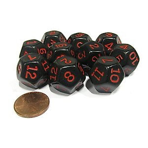 Koplow Games Set of 10 D12 12-Sided 18mm Opaque RPG Dice - Black with Red Numbers