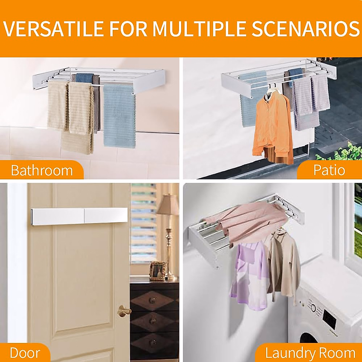 Dontinhu Laundry Drying Racks 2 Pack Collapsible, Wall Mounted Retractable Clothes Drying Rack, 45lbs Capacity, 8 Linear Ft,4 Metal Rods, with Wall Template (White2-23.6").