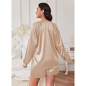 Ekouaer Satin Silk Pajama Set for Women V Neck Long Sleeve Tops and Shorts Matching Set with Pockets Champagne Medium