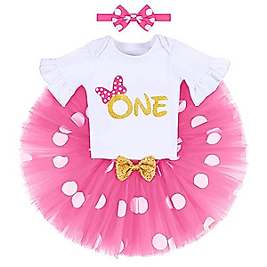IBTOM CASTLE Newborn Toddler 1st/2nd/3rd Half Birthday Princess Mini Sequin Cake Smash Baptism Tutu Party Polka Dots Dress Bowknot Summer Playwear Sundress Homewear Sumsuit Dance Gown Hot Pink-ONE 1T