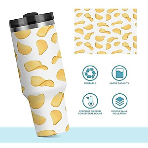Exnundod Seamless Pattern Potato Chips Tumbler with Handle 30oz and Straw Insulated Tumblers Leak-proof Water Bottle for Car Travel