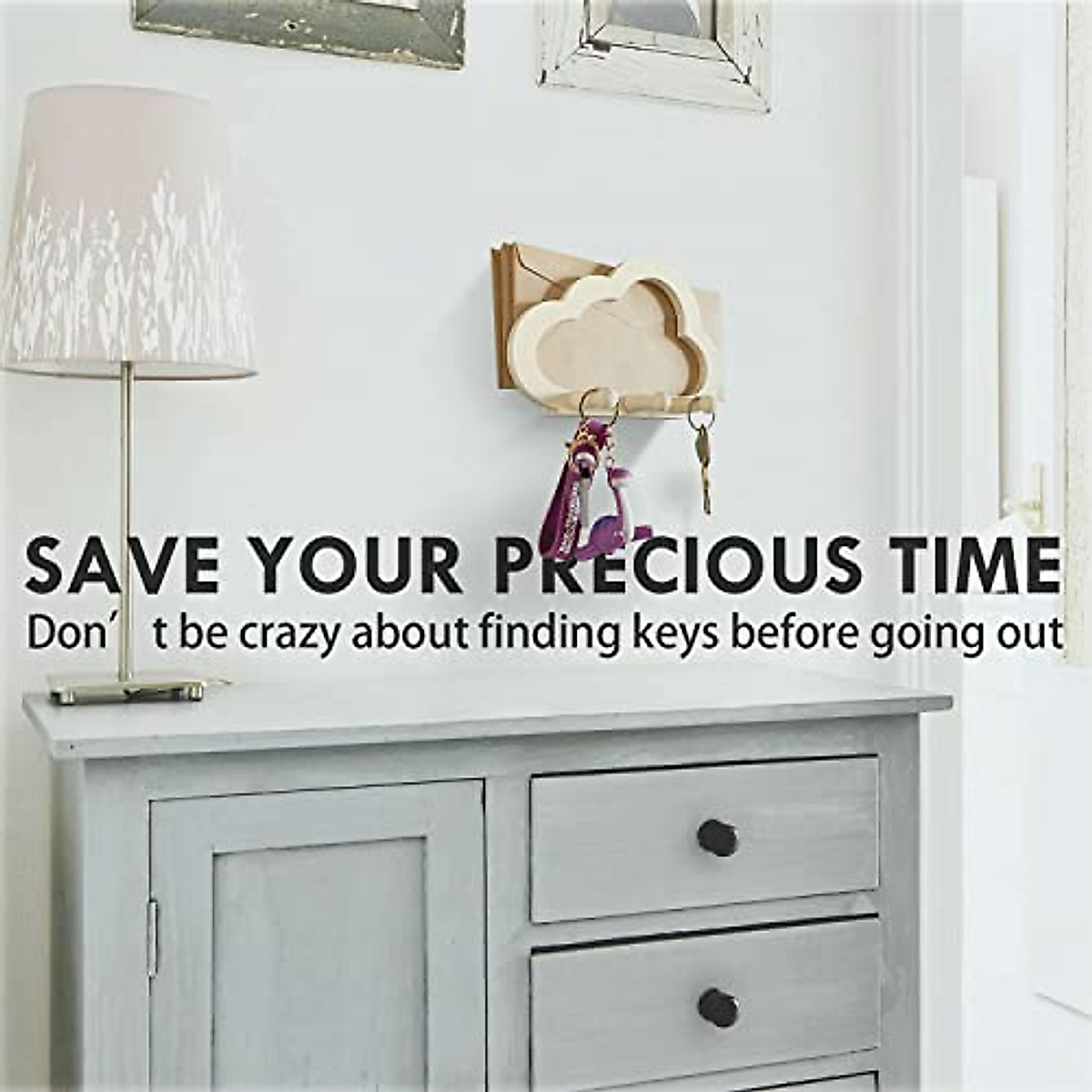 Cloud Key and Letter Holder for Wall - Entryway Rustic Key Rack and Mail Organizer Wall Mount, Minimalistic Style Wooden Wall Décor, Cloud Shelves with 3 Key Hooks, 8" W*5.3" H*2.64" D (White)