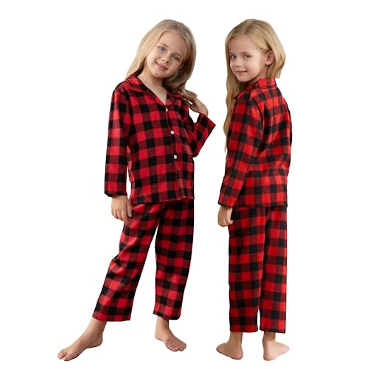Schbbbta Kids Button Down Sleepwear Pjs Boys & Girls 2 Piece Plaid Pajama Set, Red Black, 4-5T = Tag 120