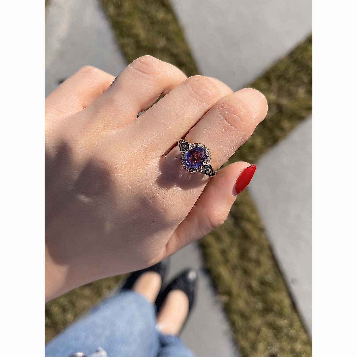 LE VIAN 1 3/4 Carat Oval Purple Amethyst and 1/4 Carat Chocolate Diamond Band Ring for Women in 14k Rose Gold (White/Fancy Brown, cttw) Engagement Anniversary Ring Size 7