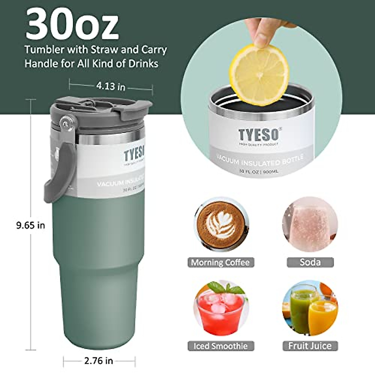 30 oz Tumbler with Lid and Straw - Stainless Steel Double Wall Insulated Tumbler with Handle, Coffee Mugs Boba Cup for Women Men, Water Bottle Travel Tumbler for Car/Home/Gym, Cold up to 24h Green