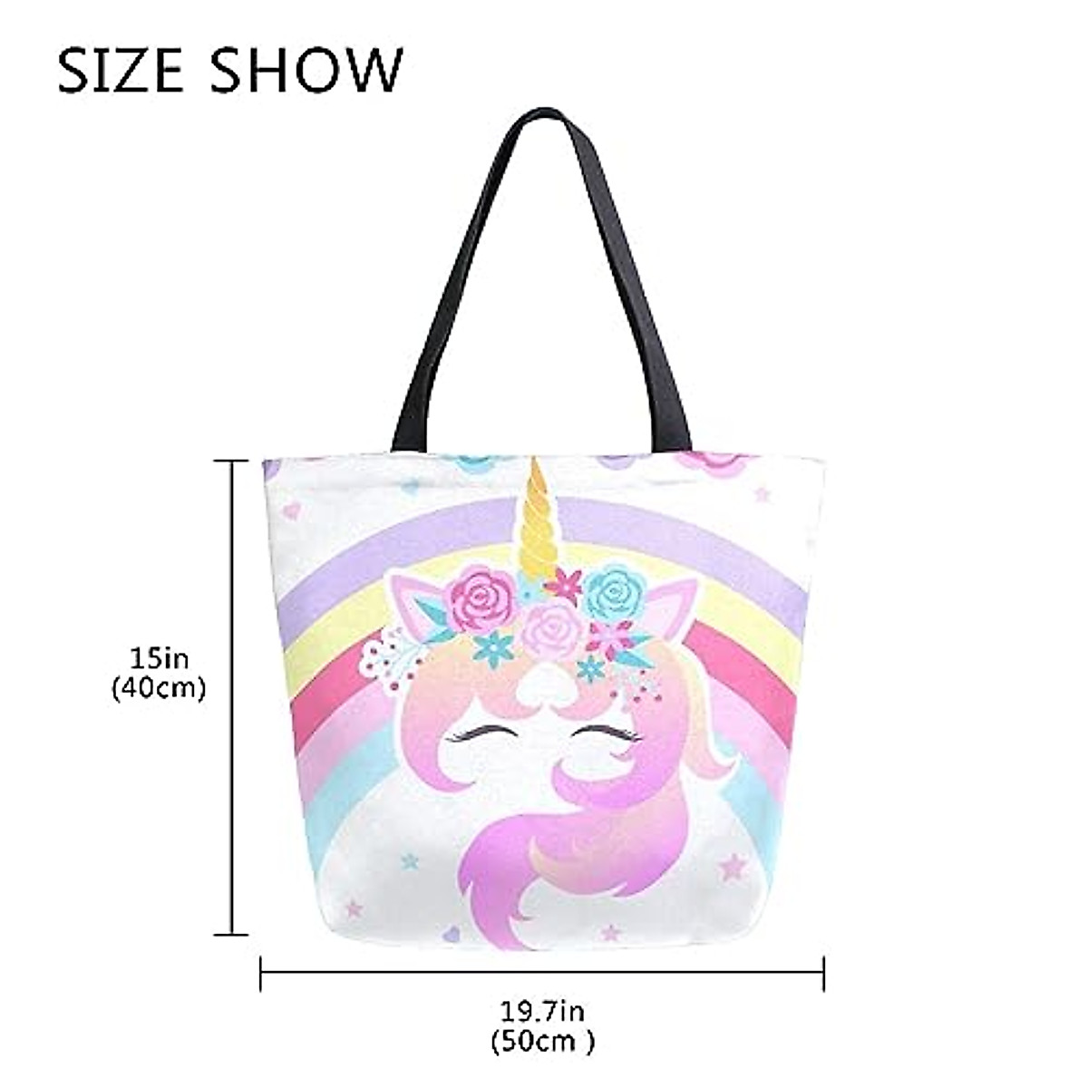 Naanle Canvas Tote Bag Large Women Casual Shoulder Bag Handbag Rainbow Unicorn Floral Canvas Tote Bag Reusable Grocery Shopping Cloth Bags Beach Bag for Women