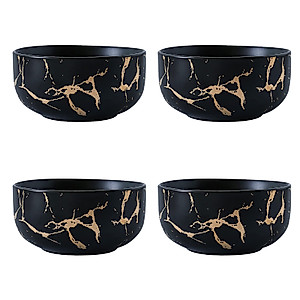 Set of 4 Gold Marble Soup Bowls Ceramic Cereal Bowl Marble Soup Bowl 17 OZ Ceramic Rice Bowl Luxury Gold Inlay Dessert Bowl (Black-4)