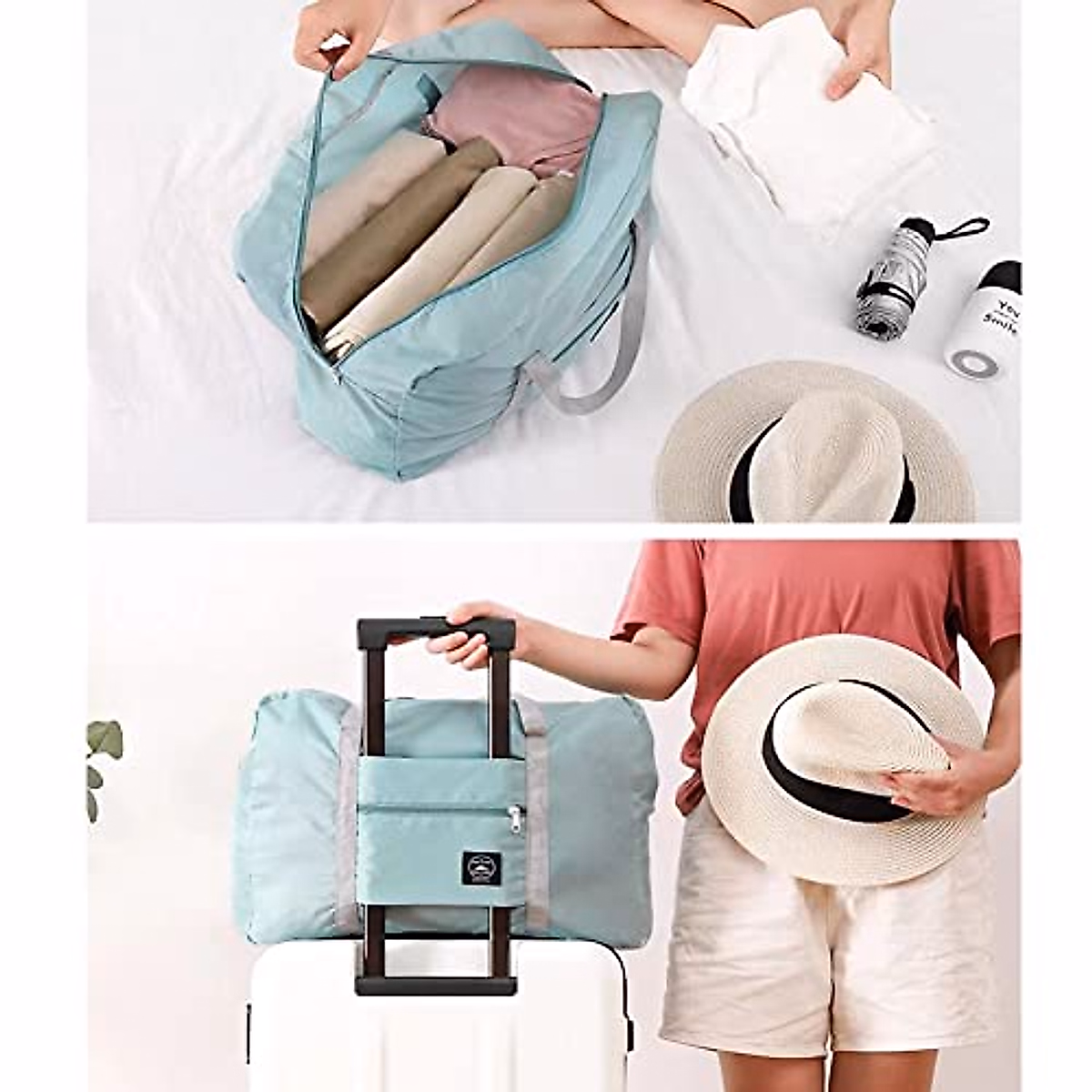 Foldable Travel Duffel Bag (2 Pack), For Spirit Airlines, Weekender Overnight Bag, Tote Carry on Luggage Sport Duffle Weekender Overnight for Women and Girls (Pink Blue)